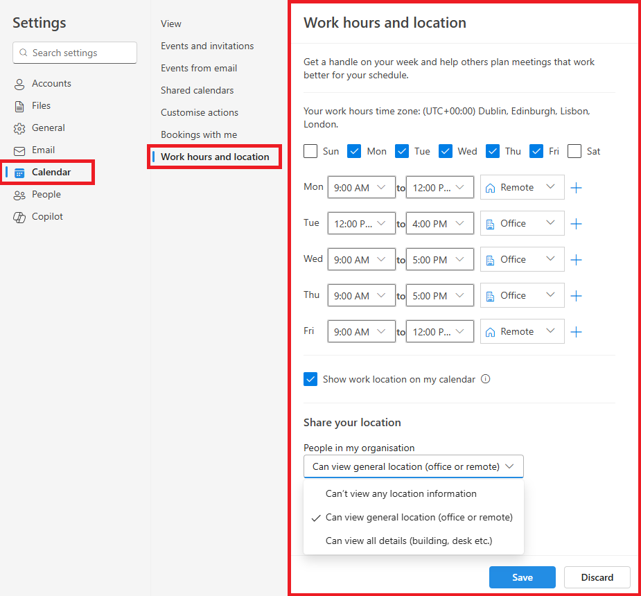 How do I set my work hours and location in Outlook and Microsoft Teams?