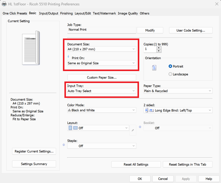 My document is printing out on A3 paper only, how do I change it to A4?
