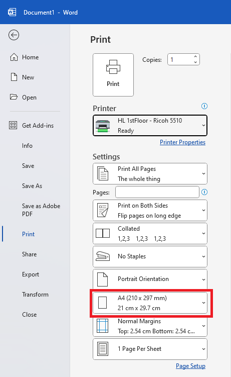 My document is printing out on A3 paper only, how do I change it to A4?