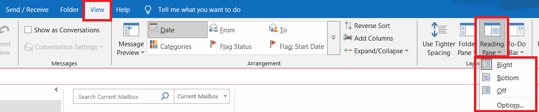 How do I show or hide the Reading Panel in Outlook Desktop and mark an ...