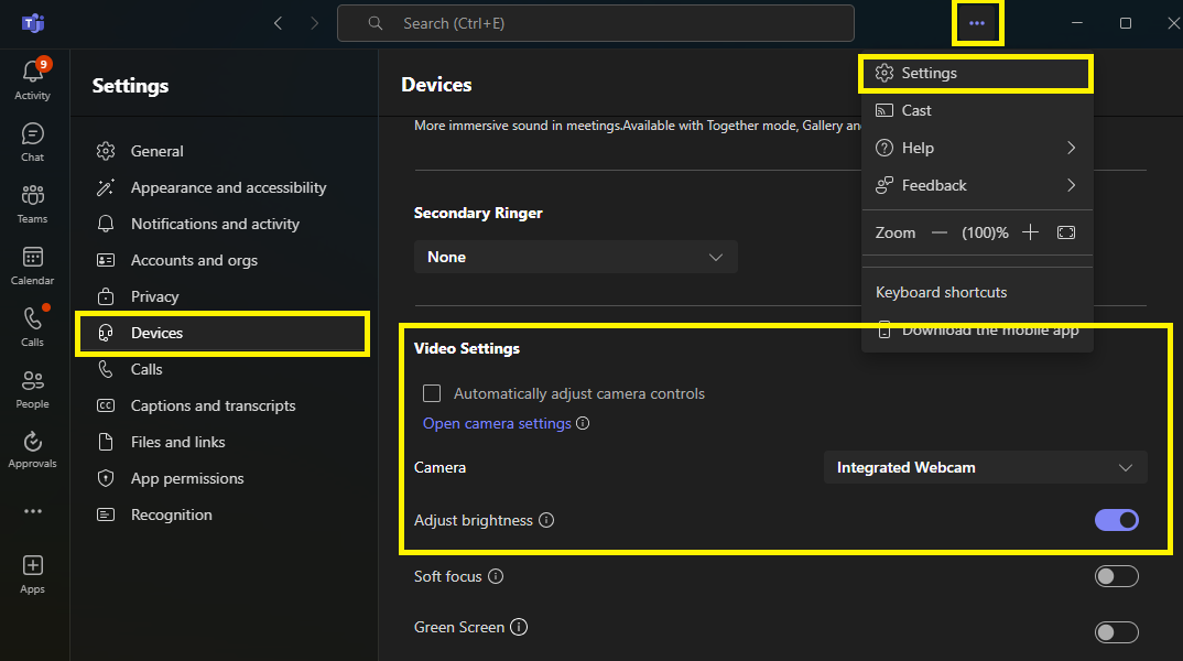How do I change the brightness of my camera in Microsoft Teams and Zoom?