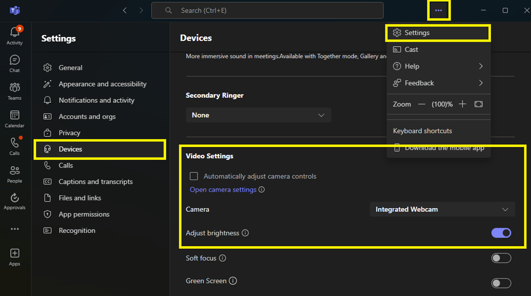 How do I change the brightness of my camera in Microsoft Teams and Zoom?