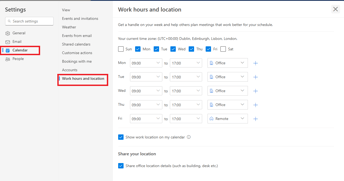 How do I set my work hours and location in Outlook and Microsoft Teams?